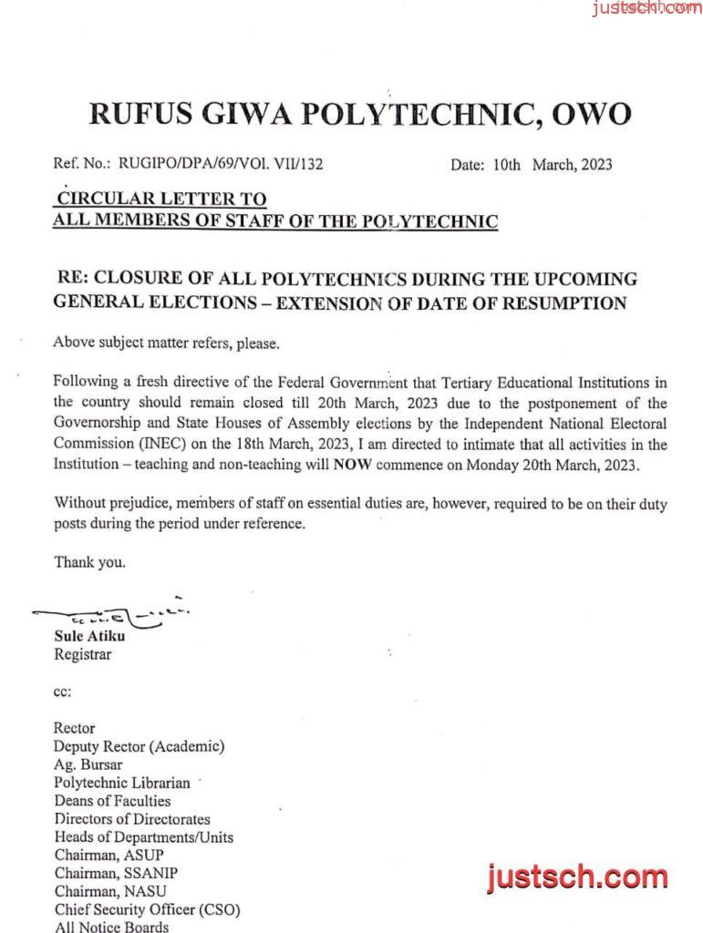 RUGIPO Resumption Date ('22/'23 Academic Session) - JustSch